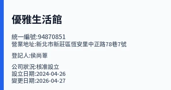 優雅生活館的照片-統編 94870851(新北市) 公司登記資料與營業項目詳細圖表