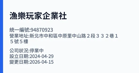 漁樂玩家企業社的照片-統編 94870923(新北市) 公司登記資料與營業項目詳細圖表
