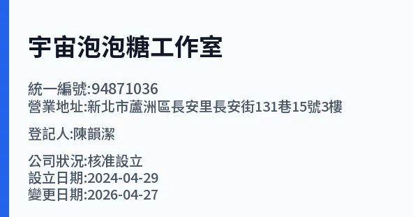 宇宙泡泡糖工作室的照片-統編 94871036(新北市) 公司登記資料與營業項目詳細圖表