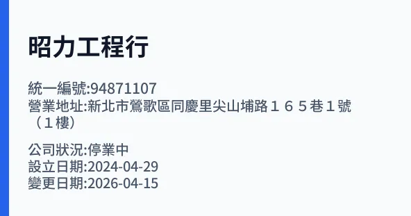 昭力工程行的照片-統編 94871107(新北市) 公司登記資料與營業項目詳細圖表