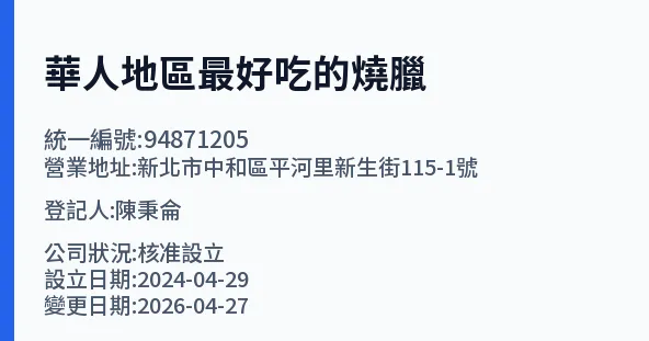 華人地區最好吃的燒臘的照片-統編 94871205(新北市) 公司登記資料與營業項目詳細圖表