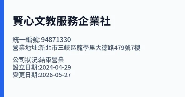 賢心文教服務企業社的照片-統編 94871330(新北市) 公司登記資料與營業項目詳細圖表