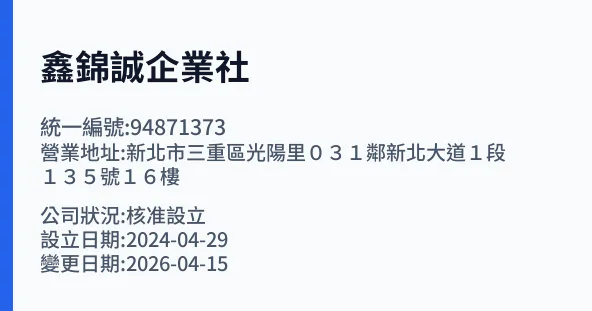 鑫錦誠企業社的照片-統編 94871373(新北市) 公司登記資料與營業項目詳細圖表