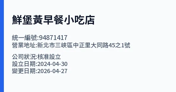 鮮堡黃早餐小吃店的照片-統編 94871417(新北市) 公司登記資料與營業項目詳細圖表