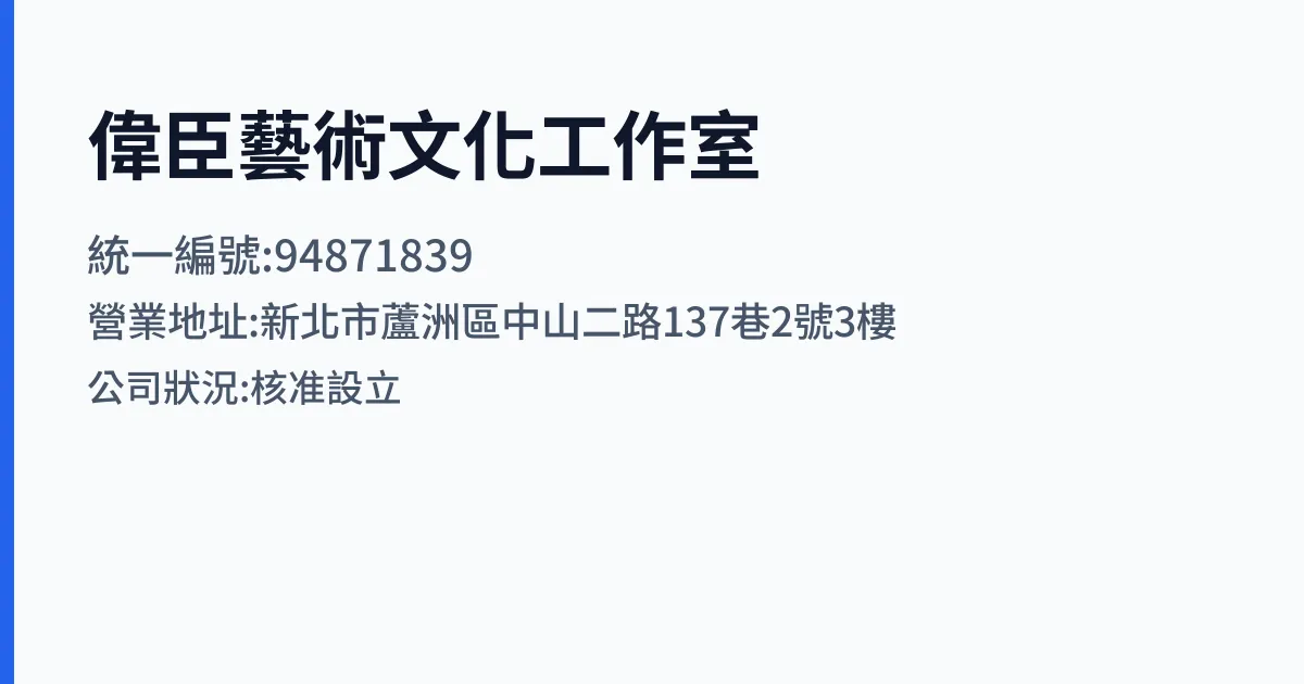 偉臣藝術文化工作室 - 統編 94871839(新北市) 公司登記資料與營業項目詳細圖表