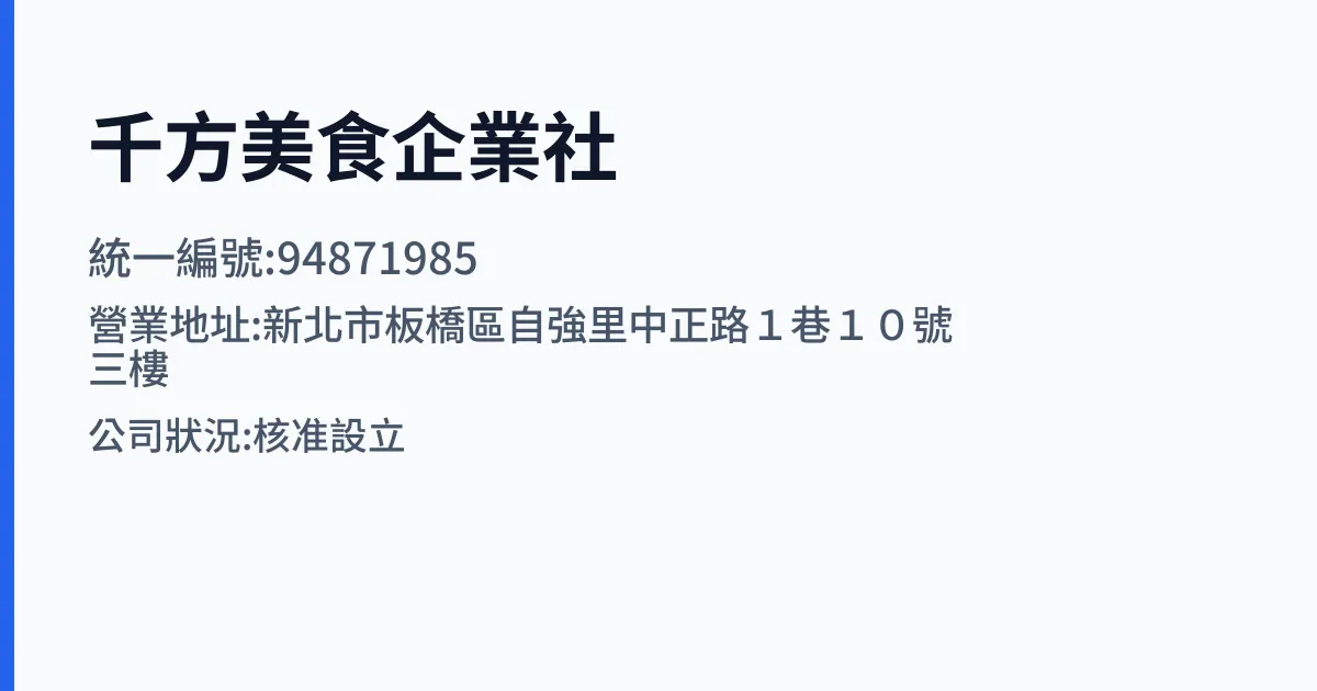 千方美食企業社 - 統編 94871985（新北市） 公司登記資料與營業項目詳細圖表