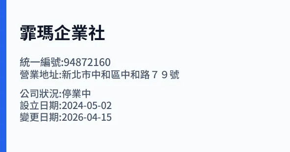 霏瑪企業社的照片-統編 94872160(新北市) 公司登記資料與營業項目詳細圖表