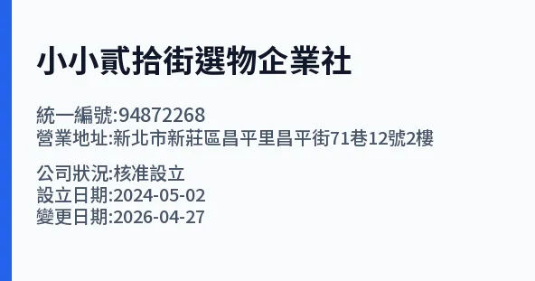 小小貳拾街選物企業社的照片-統編 94872268(新北市) 公司登記資料與營業項目詳細圖表