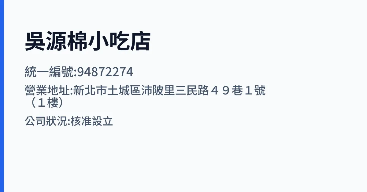 吳源棉小吃店 - 統編 94872274(新北市) 公司登記資料與營業項目詳細圖表