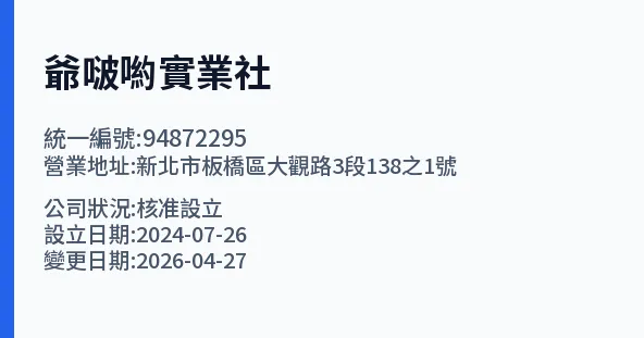 爺啵喲實業社的照片-統編 94872295(新北市) 公司登記資料與營業項目詳細圖表
