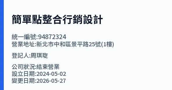 簡單點整合行銷設計的照片-統編 94872324(新北市) 公司登記資料與營業項目詳細圖表