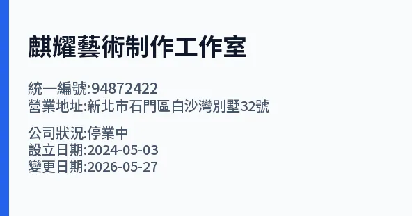 麒耀藝術制作工作室的照片-統編 94872422(新北市) 公司登記資料與營業項目詳細圖表