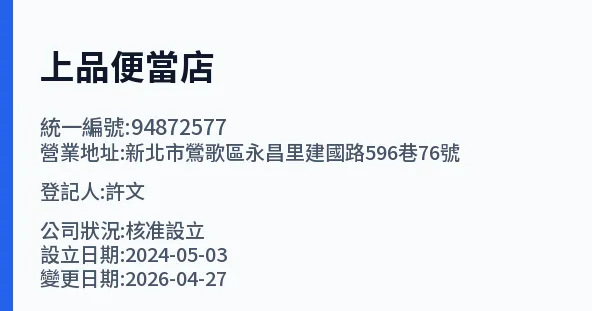 上品便當店的照片-統編 94872577(新北市) 公司登記資料與營業項目詳細圖表
