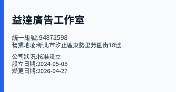 益達廣告工作室的照片-統編 94872598(新北市) 公司登記資料與營業項目詳細圖表