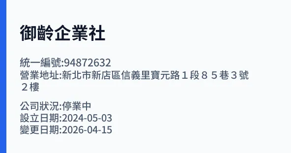 御齡企業社的照片-統編 94872632(新北市) 公司登記資料與營業項目詳細圖表