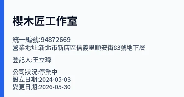 櫻木匠工作室的照片-統編 94872669(新北市) 公司登記資料與營業項目詳細圖表
