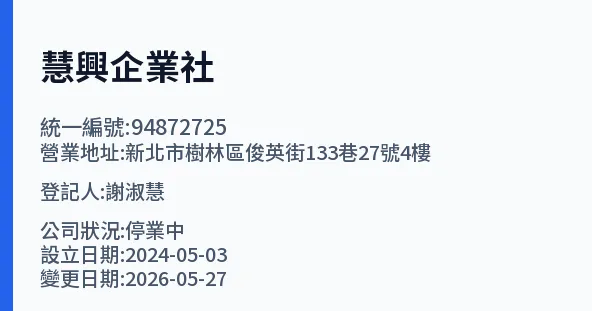 慧興企業社的照片-統編 94872725(新北市) 公司登記資料與營業項目詳細圖表