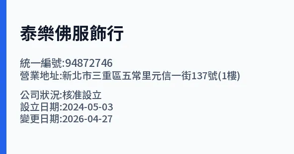 泰樂佛服飾行的照片-統編 94872746(新北市) 公司登記資料與營業項目詳細圖表