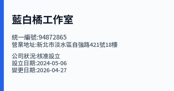 藍白橘工作室的照片-統編 94872865(新北市) 公司登記資料與營業項目詳細圖表