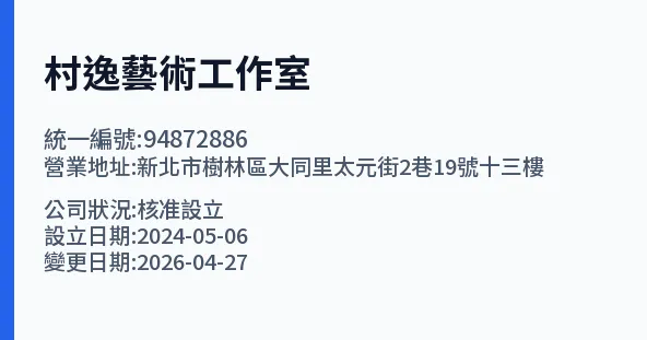 村逸藝術工作室的照片-統編 94872886(新北市) 公司登記資料與營業項目詳細圖表