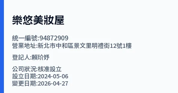 樂悠美妝屋的照片-統編 94872909(新北市) 公司登記資料與營業項目詳細圖表