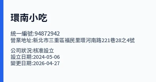 環南小吃的照片-統編 94872942(新北市) 公司登記資料與營業項目詳細圖表