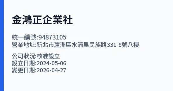 金鴻正企業社的照片-統編 94873105(新北市) 公司登記資料與營業項目詳細圖表