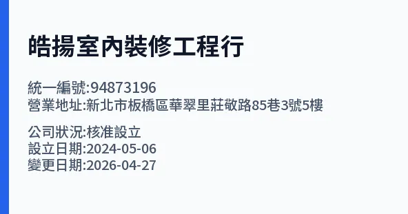 皓揚室內裝修工程行的照片-統編 94873196(新北市) 公司登記資料與營業項目詳細圖表