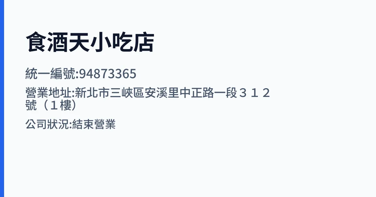 食酒天小吃店 - 統編 94873365(新北市) 公司登記資料與營業項目詳細圖表