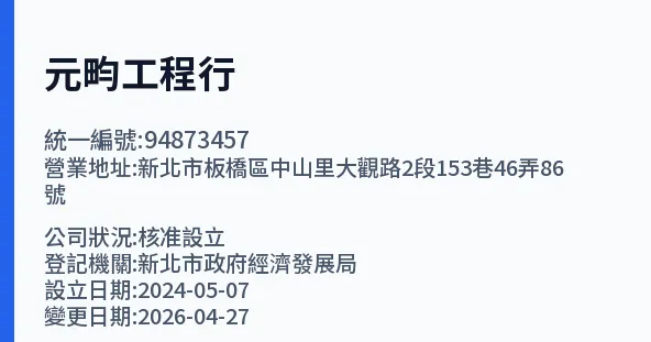 元畇工程行的照片-統編 94873457(新北市) 公司登記資料與營業項目詳細圖表