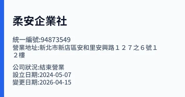 柔安企業社的照片-統編 94873549(新北市) 公司登記資料與營業項目詳細圖表