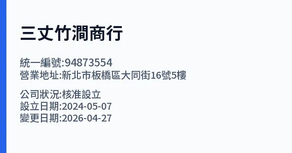 三丈竹澗商行的照片-統編 94873554(新北市) 公司登記資料與營業項目詳細圖表