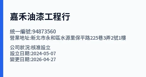 嘉禾油漆工程行的照片-統編 94873560(新北市) 公司登記資料與營業項目詳細圖表