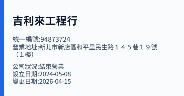 吉利來工程行的照片-統編 94873724(新北市) 公司登記資料與營業項目詳細圖表