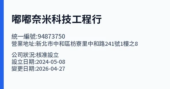 嘟嘟奈米科技工程行的照片-統編 94873750(新北市) 公司登記資料與營業項目詳細圖表