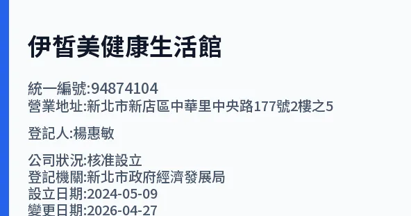 伊皙美健康生活館的照片-統編 94874104(新北市) 公司登記資料與營業項目詳細圖表