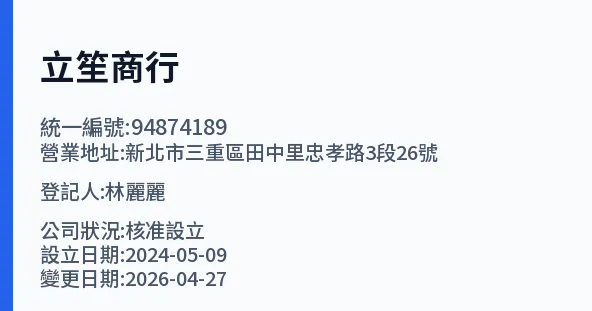 立笙商行的照片-統編 94874189(新北市) 公司登記資料與營業項目詳細圖表