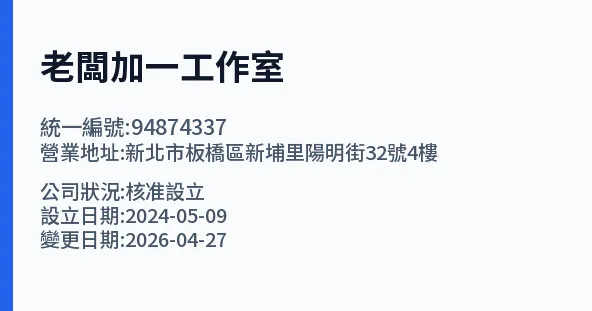 老闆加一工作室的照片-統編 94874337(新北市) 公司登記資料與營業項目詳細圖表