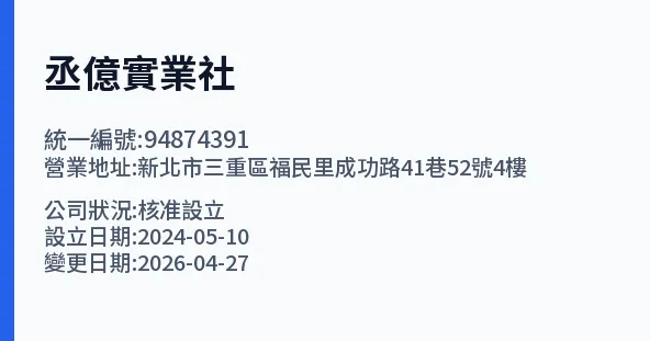 丞億實業社的照片-統編 94874391(新北市) 公司登記資料與營業項目詳細圖表