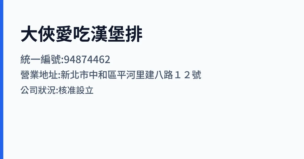 大俠愛吃漢堡排 - 統編 94874462(新北市) 公司登記資料與營業項目詳細圖表