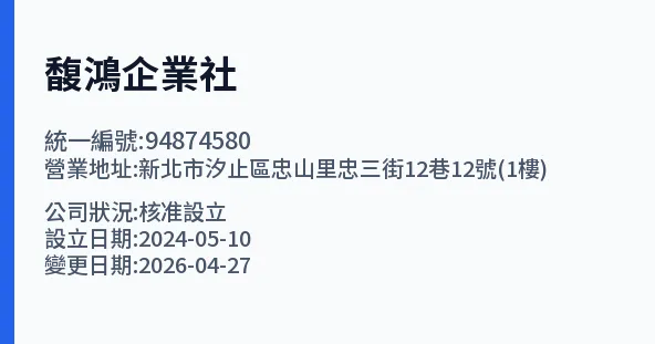 馥鴻企業社的照片-統編 94874580(新北市) 公司登記資料與營業項目詳細圖表
