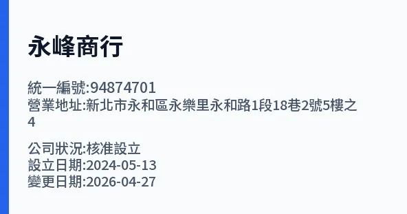 永峰商行的照片-統編 94874701(新北市) 公司登記資料與營業項目詳細圖表