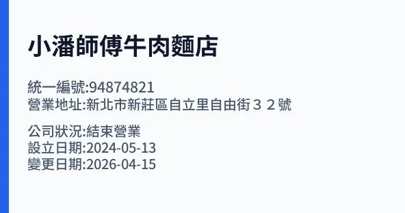小潘師傅牛肉麵店的照片-統編 94874821(新北市) 公司登記資料與營業項目詳細圖表