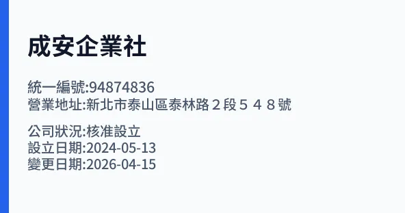 成安企業社的照片-統編 94874836(新北市) 公司登記資料與營業項目詳細圖表