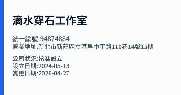 滴水穿石工作室的照片-統編 94874884(新北市) 公司登記資料與營業項目詳細圖表