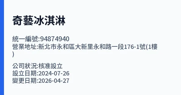 奇藝冰淇淋的照片-統編 94874940(新北市) 公司登記資料與營業項目詳細圖表