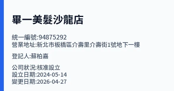 畢一美髮沙龍店的照片-統編 94875292(新北市) 公司登記資料與營業項目詳細圖表