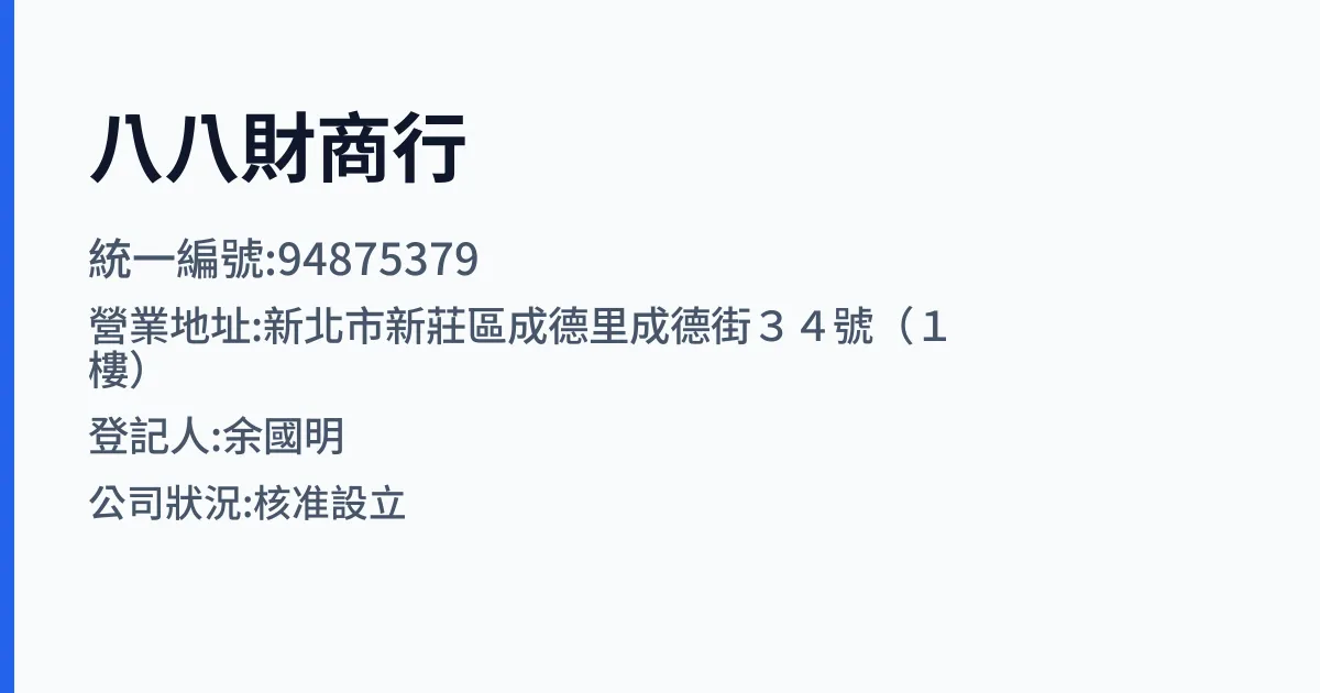 八八財商行 - 統編 94875379(新北市) 公司登記資料與營業項目詳細圖表