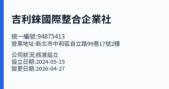 吉利錸國際整合企業社的照片-統編 94875413(新北市) 公司登記資料與營業項目詳細圖表