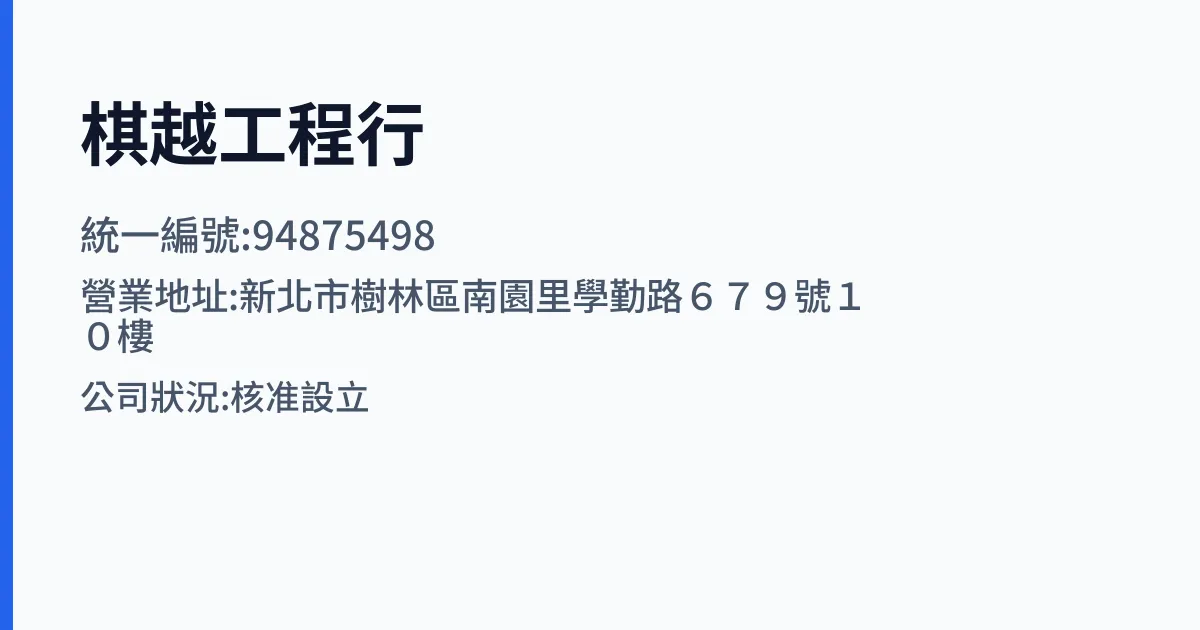 棋越工程行 - 統編 94875498(新北市) 公司登記資料與營業項目詳細圖表
